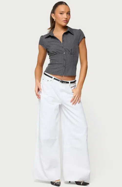 EDIKTED Juney Pinstripe Crop Button-up Shirt - Gray