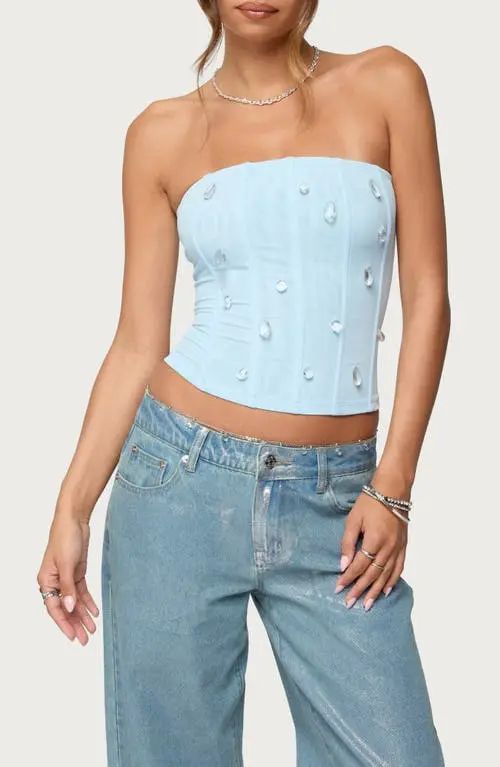 EDIKTED Crystal Embellished Mesh Corset Top - Light-blue