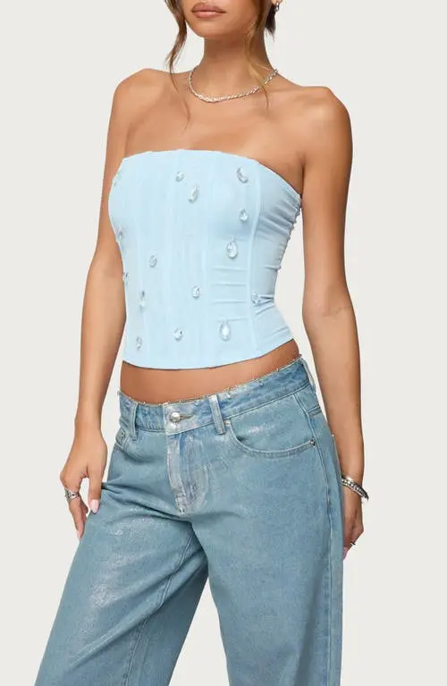 EDIKTED Crystal Embellished Mesh Corset Top - Light-blue