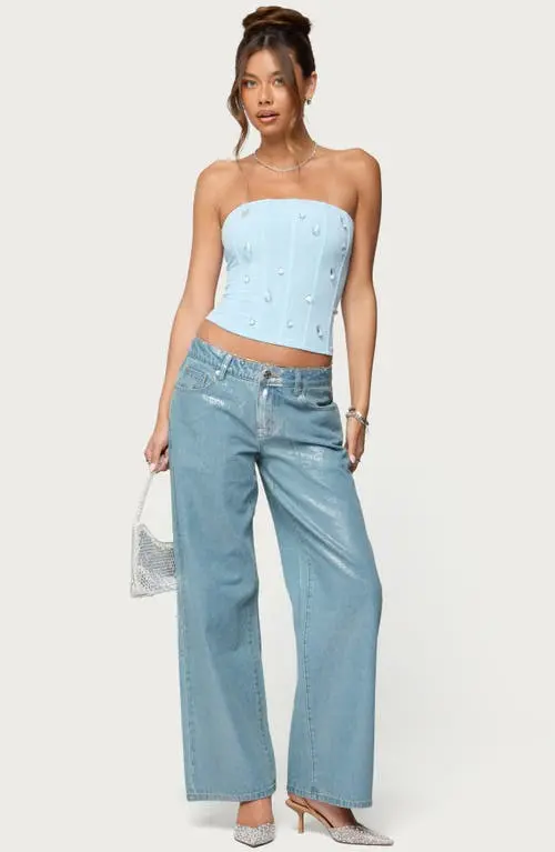 EDIKTED Crystal Embellished Mesh Corset Top - Light-blue