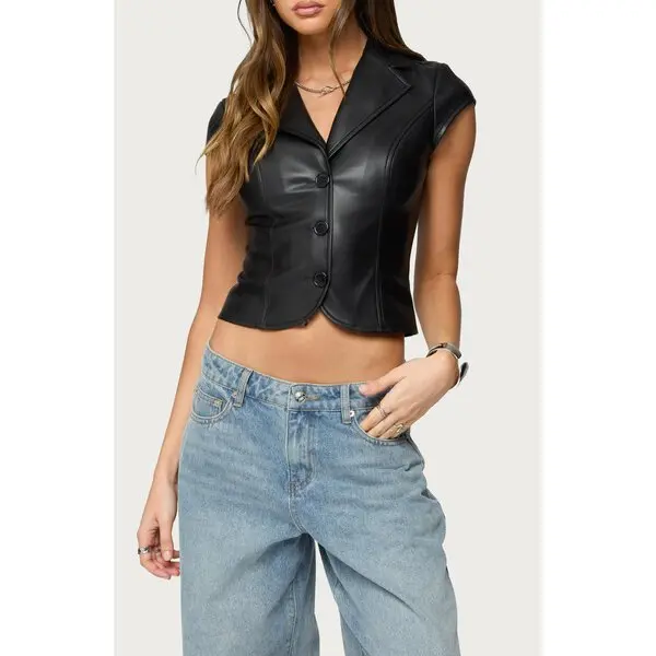 EDIKTED Tailored Faux Leather Button-up Shirt