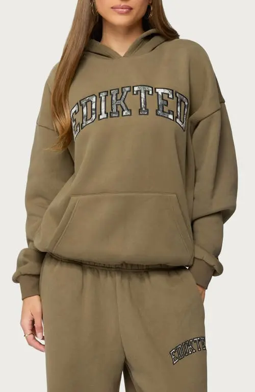 EDIKTED Oversized Fleece Logo Hoodie - Olive