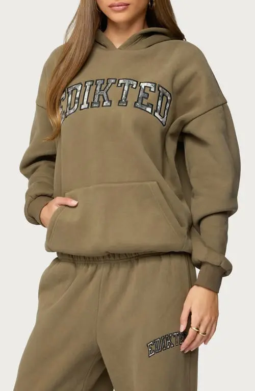 EDIKTED Oversized Fleece Logo Hoodie - Olive
