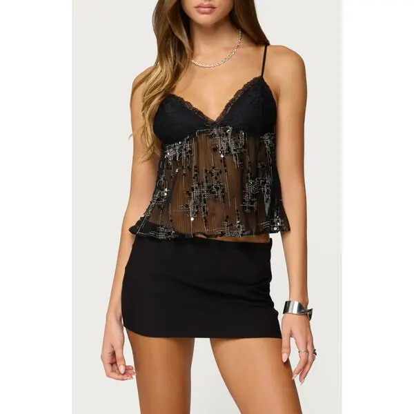 EDIKTED Sequin Sheer Mesh Crop Top
