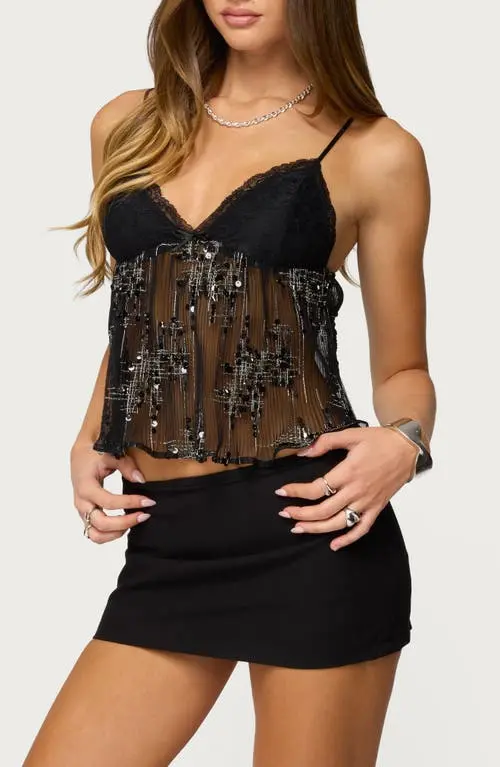 EDIKTED Sequin Sheer Mesh Crop Top