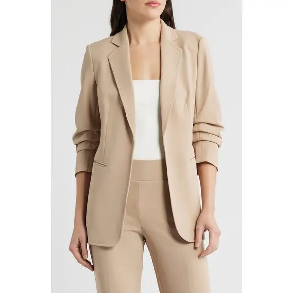 Anne Klein Scrunch Sleeve Open Front Jacket - Latte