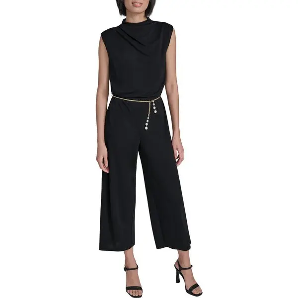 Karl Lagerfeld Jersey Jumpsuit With Faux Pearl Chain Belt - Black