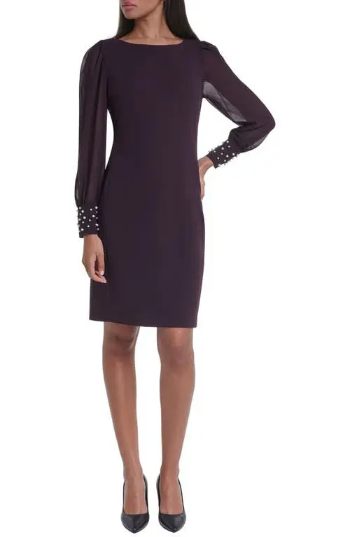 Karl Lagerfeld Paris Faux Pearl Cuff Long Sleeve Scuba Crepe Sheath Dress - Fig