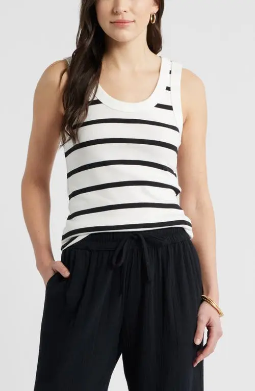 Caslon Scoop Neck Ribbed Cotton Tank - Ivory Cloud- Black Gabe Stripe