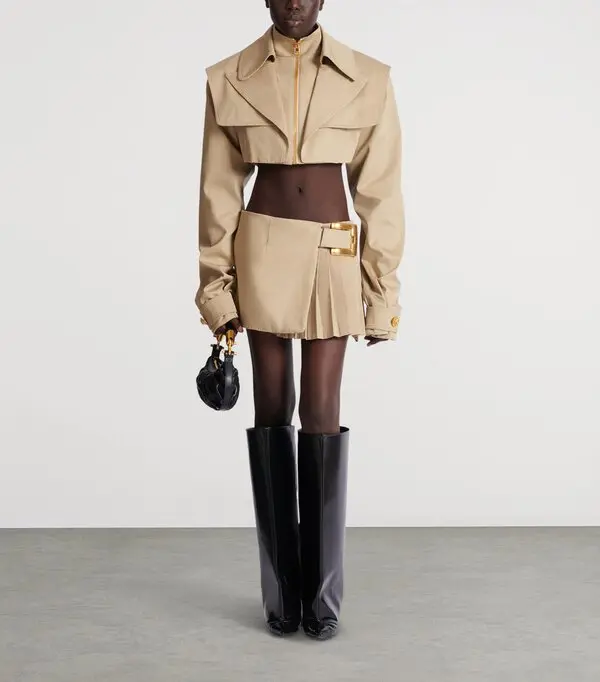 Balmain Cotton Gabardine Belted Mini Skirt - Beige