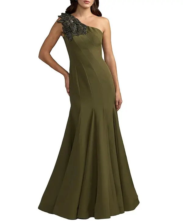 Mac Duggal Petite One Shoulder Trumpet Gown With Embellished Flower Detail - Olive