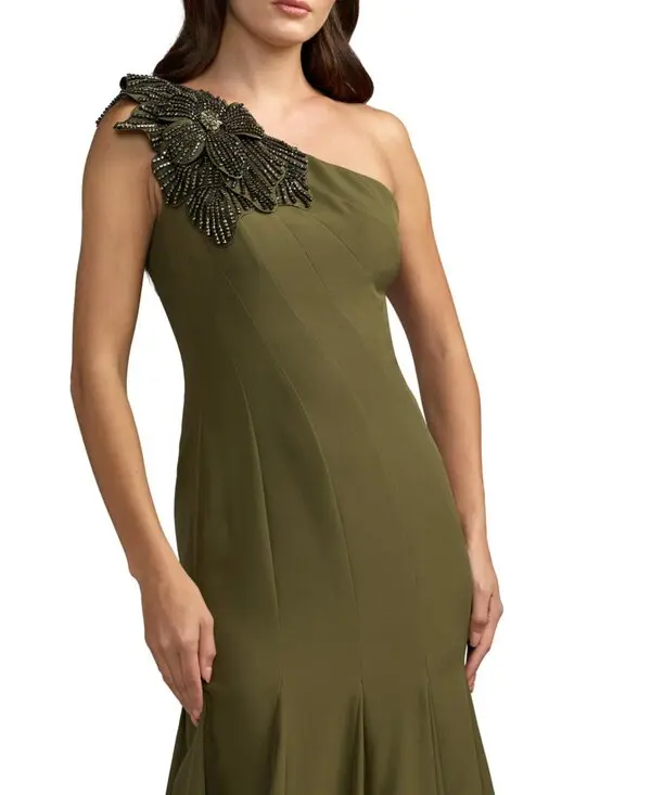 Mac Duggal Petite One Shoulder Trumpet Gown With Embellished Flower Detail - Olive