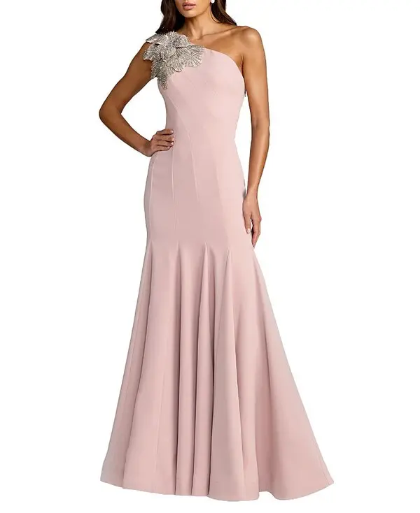 Mac Duggal Petite One Shoulder Trumpet Gown With Embellished Flower Detail - Rose
