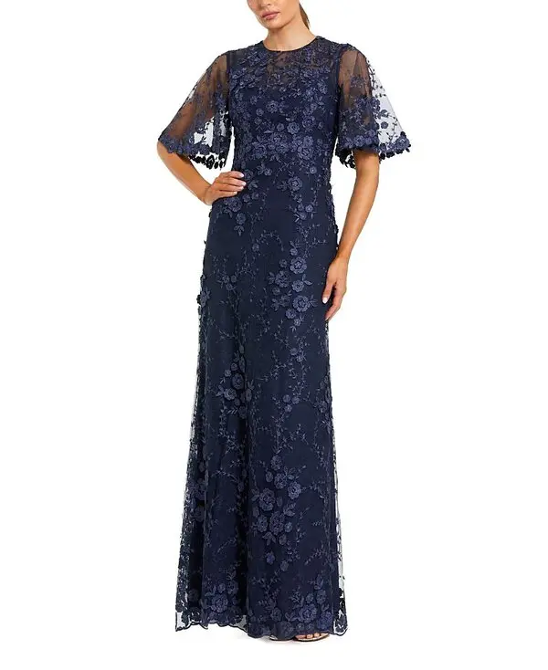 Mac Duggal Floral Embroidered Net Gown With Flutter Sleeves - Midnight