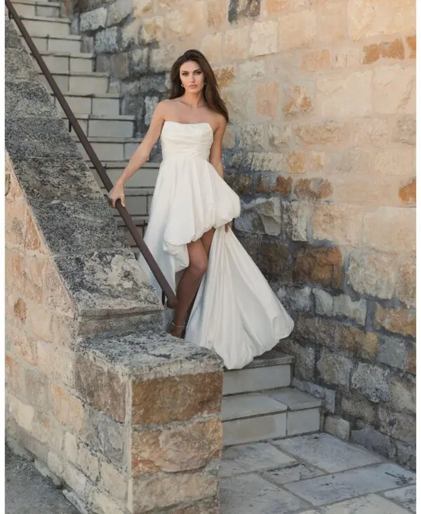 Mac Duggal Petite Strapless High-Low Satin Gown - White | Editorialist