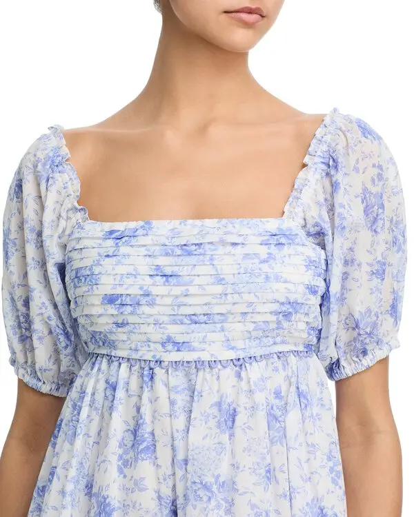 Aqua Floral Toile Puff Sleeve Mini Dress