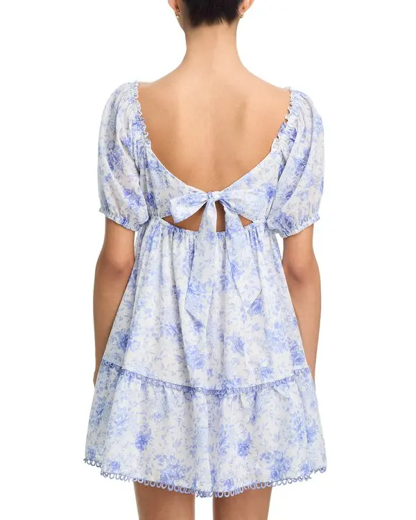 Aqua Floral Toile Puff Sleeve Mini Dress