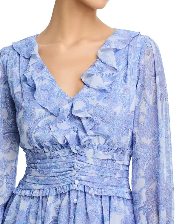 Aqua Paisley Long Sleeve Gathered Mini Dress