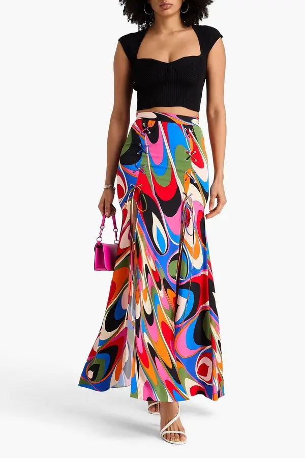 Emilio Pucci Printed Satin Maxi Skirt With Lace-up Detailing