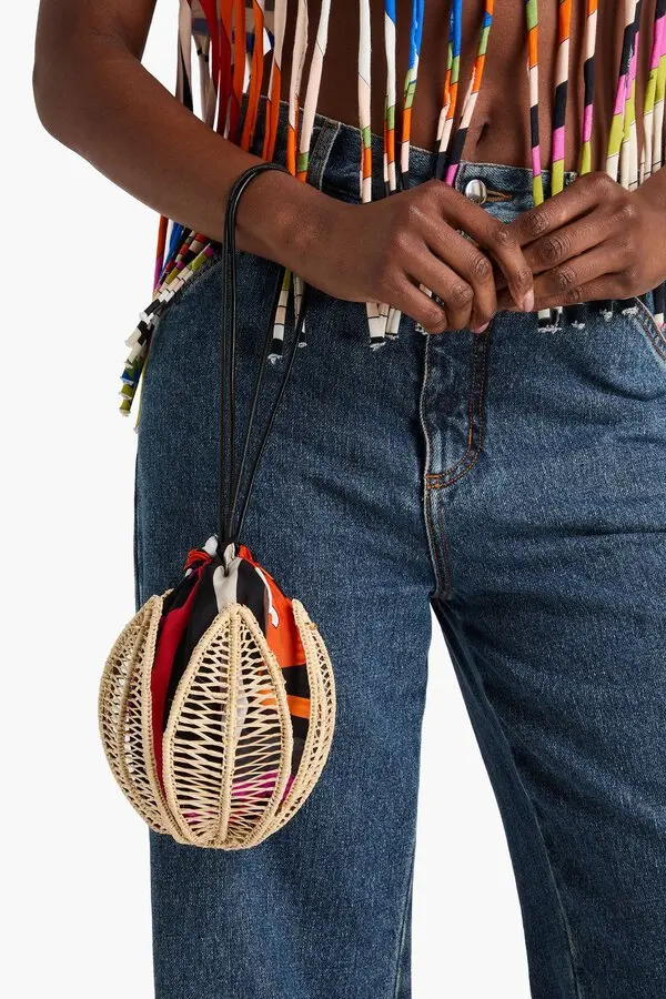 Emilio Pucci Printed Twill And Straw Bucket Bag