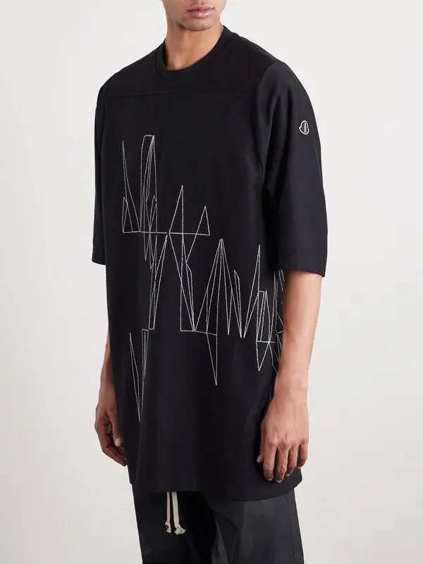 Rick Owens Moncler Oversized Logo-appliquéd Embroidered Cotton-jersey T-shirt - Black
