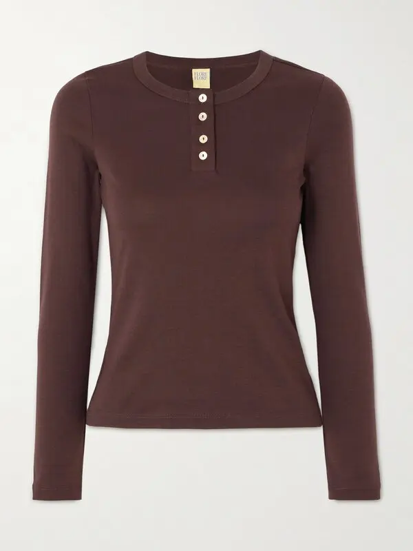 FLORE FLORE Jess Ribbed Henley Top - Brown