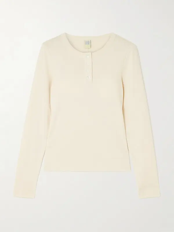 FLORE FLORE Jess Ribbed Organic Cotton-jersey Henley Top - Neutrals