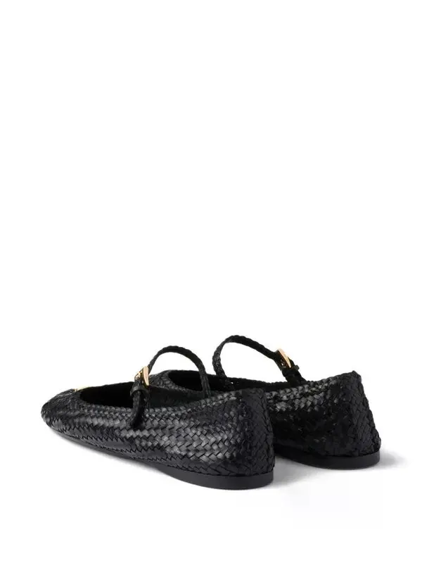 Prada Woven Leather Ballet Flats With Buckle Detail - Black