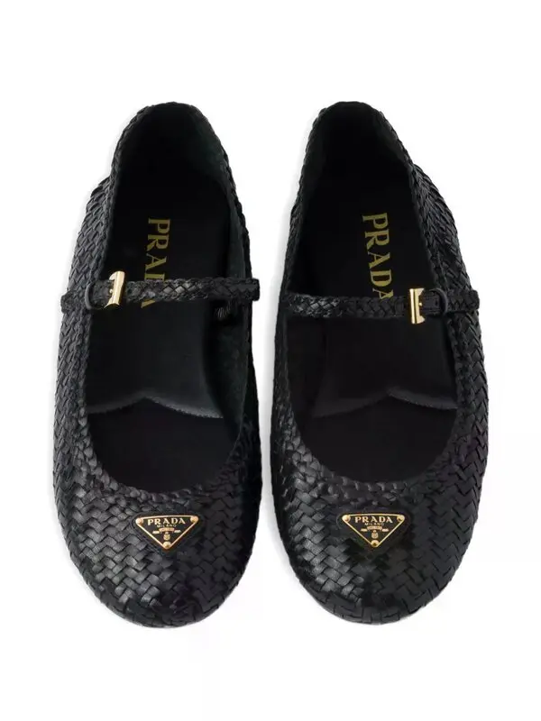 Prada Woven Leather Ballet Flats With Buckle Detail - Black