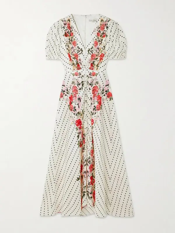 Saloni Lea Polka-dot Floral-print Silk-jacquard Midi Dress - Neutrals