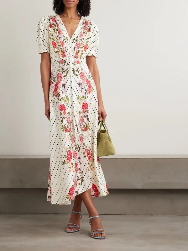 Saloni Lea Polka-dot Floral-print Silk-jacquard Midi Dress - Neutrals