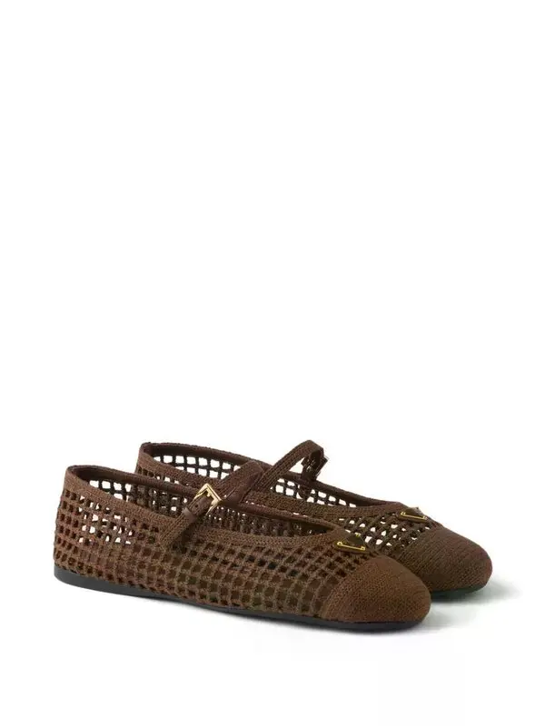 Prada Crochet Knit Ballet Flats With Enamel Triangle Logo - Brown