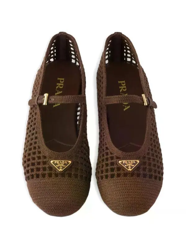 Prada Crochet Knit Ballet Flats With Enamel Triangle Logo - Brown