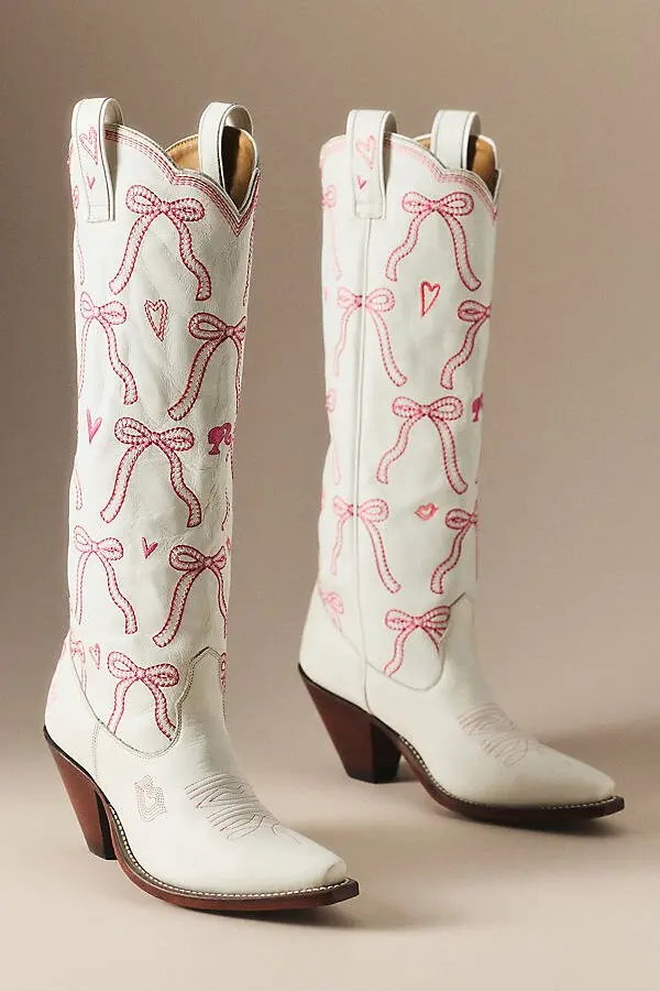 BESITA BOOTS Leather Tall Western Boots - White/pink