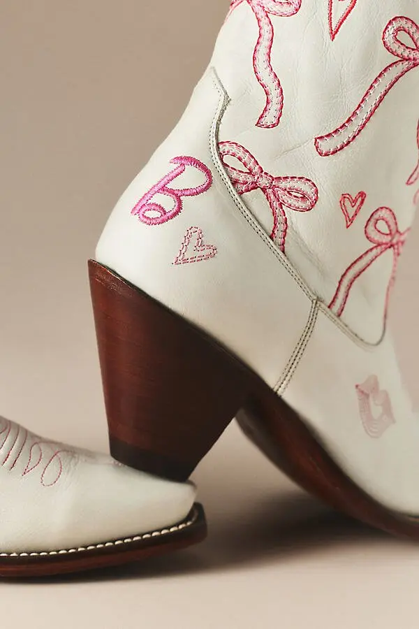 BESITA BOOTS Leather Tall Western Boots - White/pink