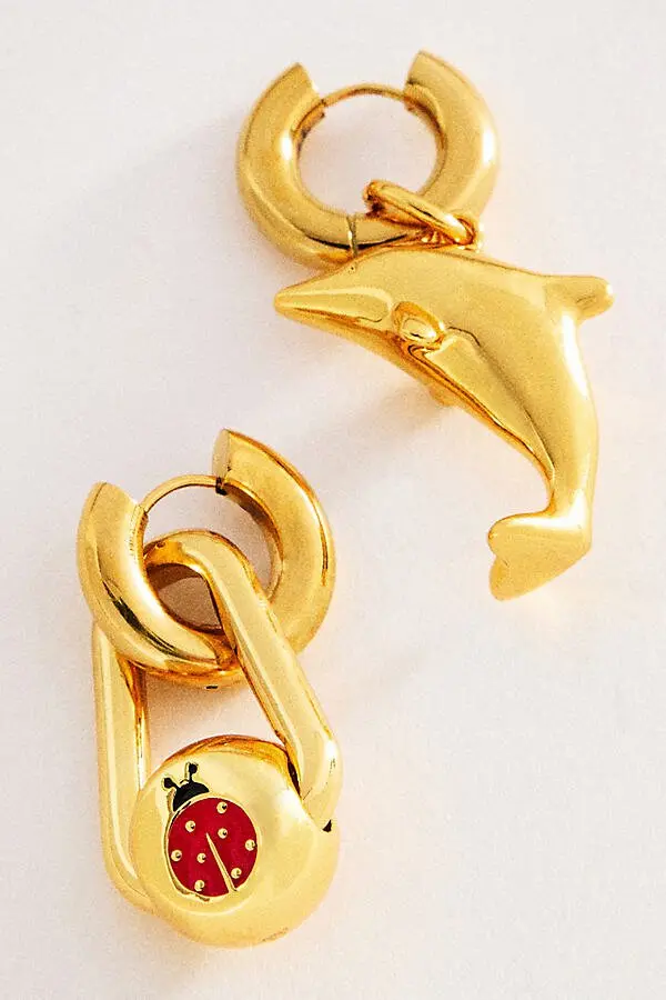 Timeless Pearly Dolphin And Ladybug Pendant Huggie Earrings - Gold
