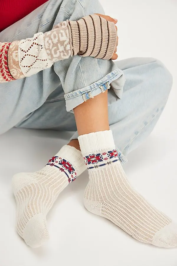Free People Mosaic Crew Socks - White Combo