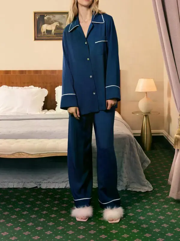 Sleeper Finnegan Piped Pajama Shirt - Blue