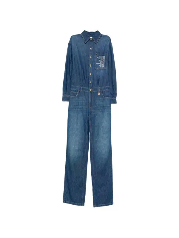 Elisabetta Franchi Denim Button-up Jumpsuit With Golden Logo Detail - Blue