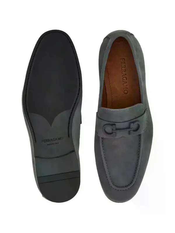 FERRAGAMO Leather Loafers With Gancini Buckle - Grey