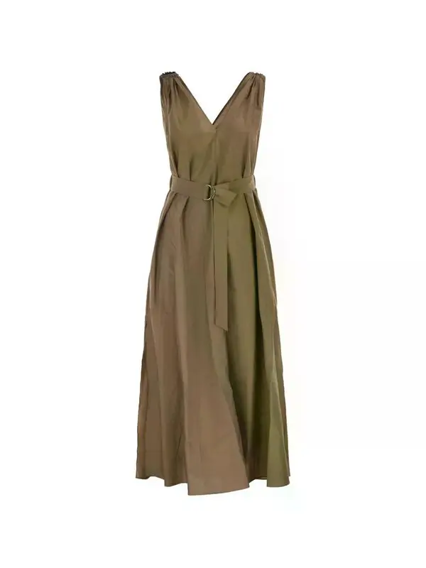 Brunello Cucinelli V-neck Belted Midi Dress - Brown