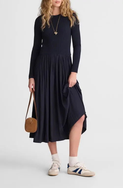 Madewell Rib Mixed Media Long Sleeve Midi Dress - Classic Navy