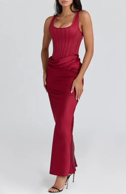 house of cb corset dress red Kira Bodice Satin Gown - Color:Ivory-Blue-Print Morticia Addams Inspired Long evening-shirtdress Valerie is quintessentially HOCB Christiana dress