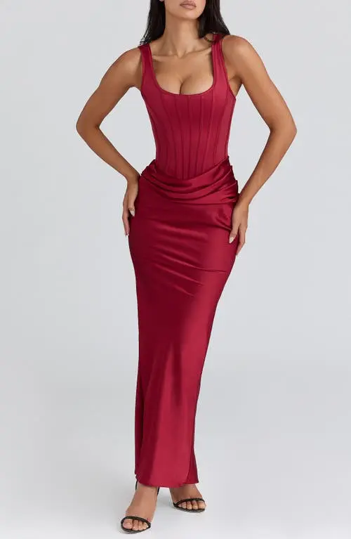 House Of Cb Kira Corset Bodice Satin Gown - Red | Editorialist