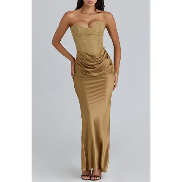 House Of Cb Strapless Corset Bodice Satin Gown