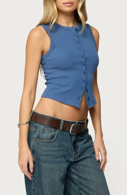 EDIKTED Basel Ribbed Button-up Crop Top - Navy