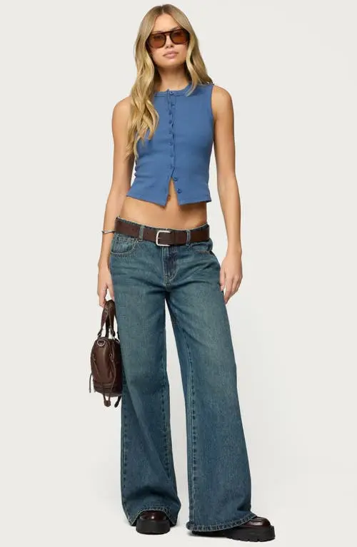EDIKTED Basel Ribbed Button-up Crop Top - Navy