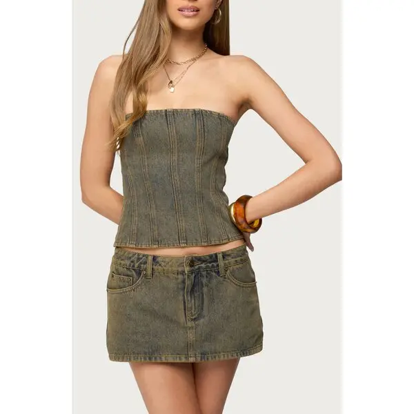 EDIKTED Camelia Strapless Denim Top - Brown-washed