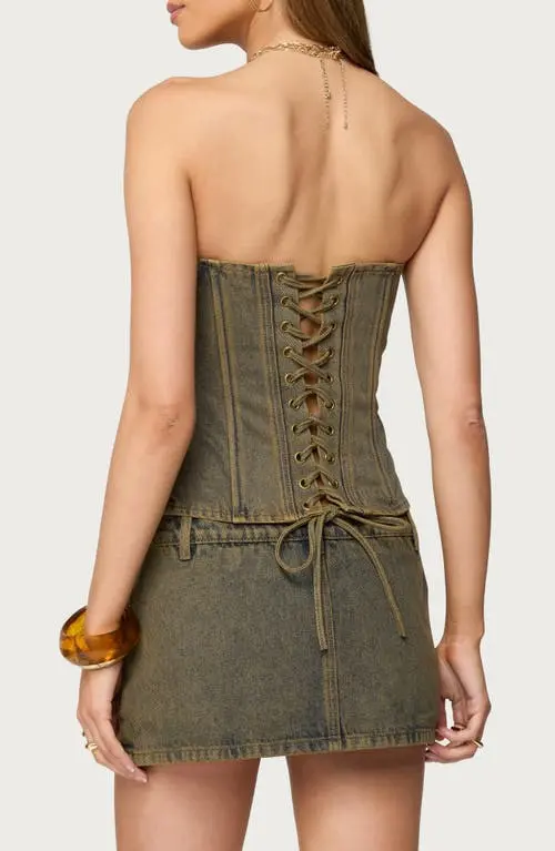 EDIKTED Camelia Strapless Denim Top - Brown-washed