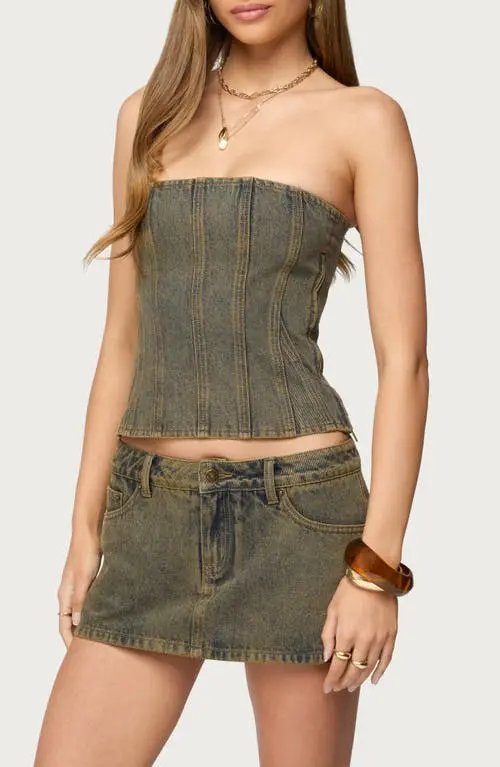 EDIKTED Camelia Strapless Denim Top - Brown-washed